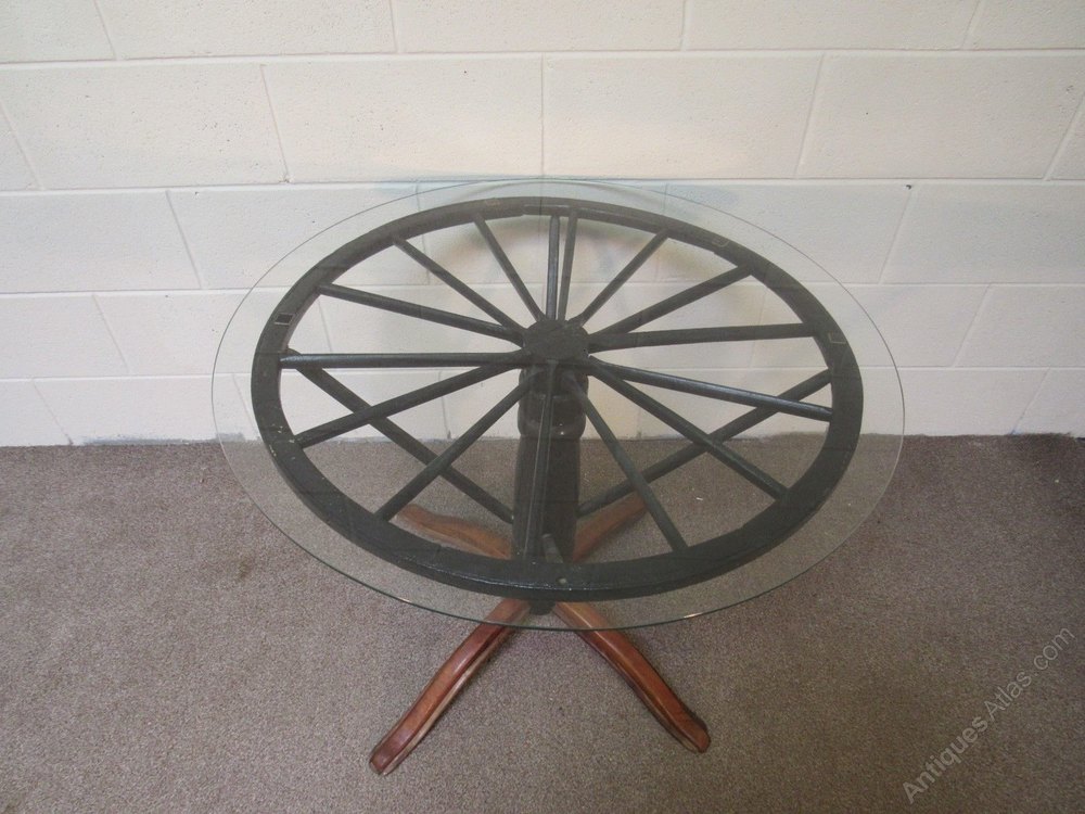 French Cart Wheel Table With Glass Top, Walnut Legs - Antiques Atlas