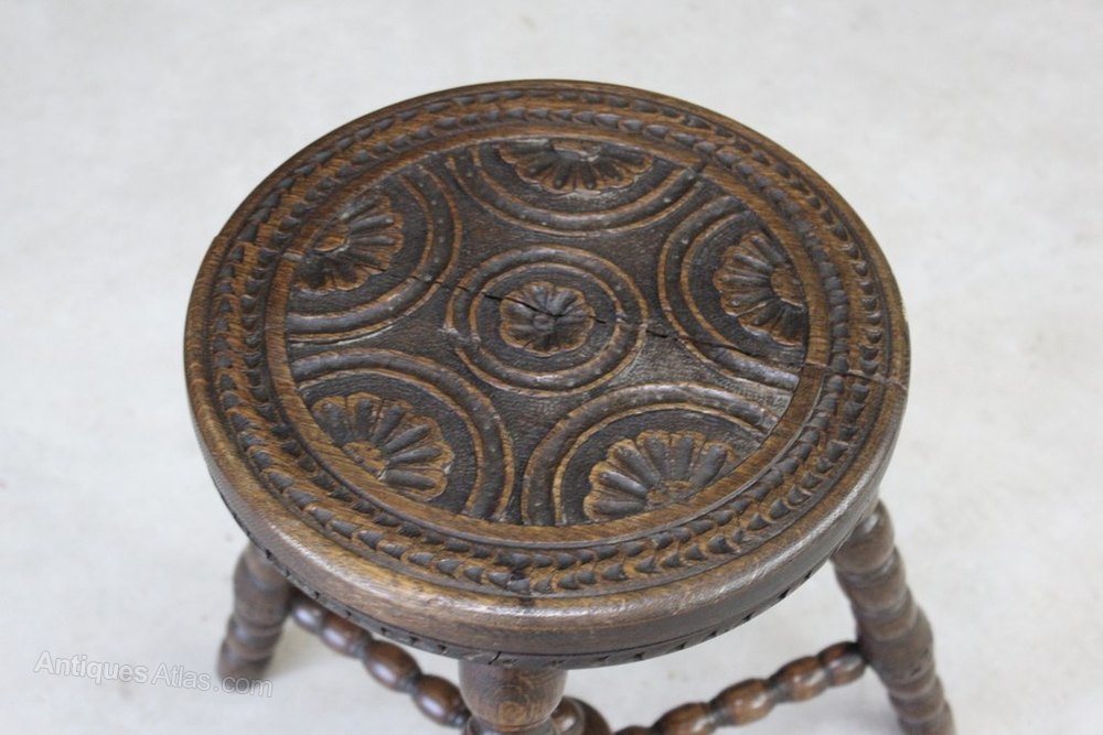 Antique Carved Oak Bobbin Turned Stool - Antiques Atlas