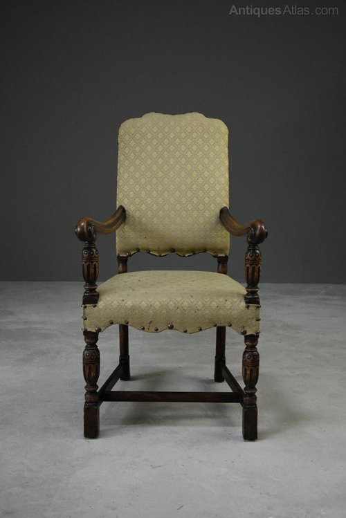 Oak Open Arm Carolean Style Armchair - Antiques Atlas