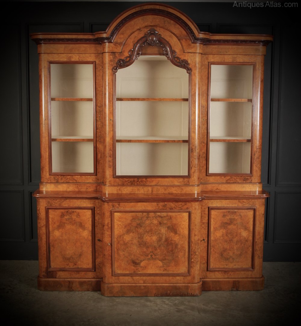 Large Victorian Burr Walnut Breakfront Bookcase - Antiques Atlas