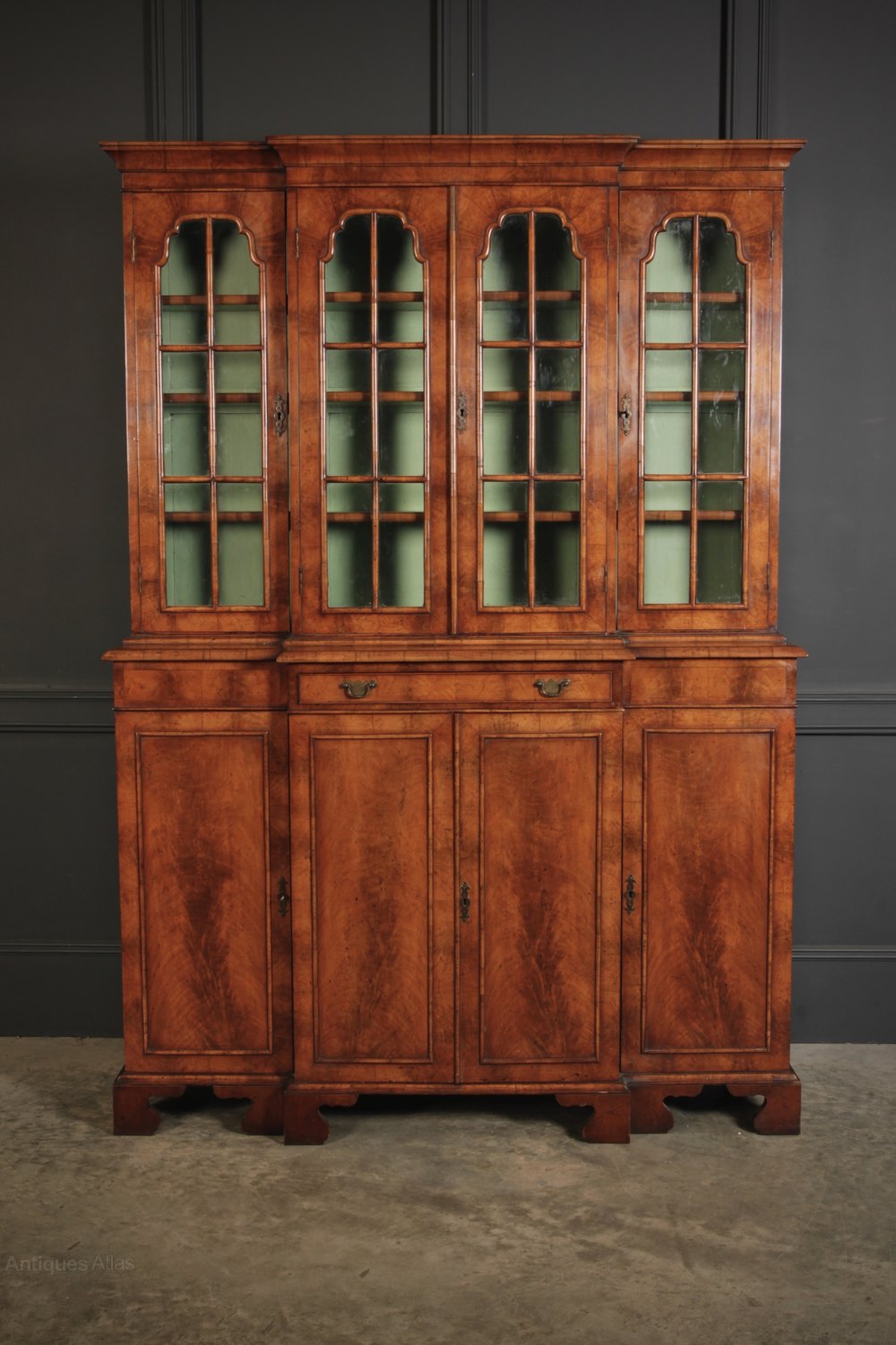 Queen Anne Style Walnut Breakfront Bookcase - Antiques Atlas