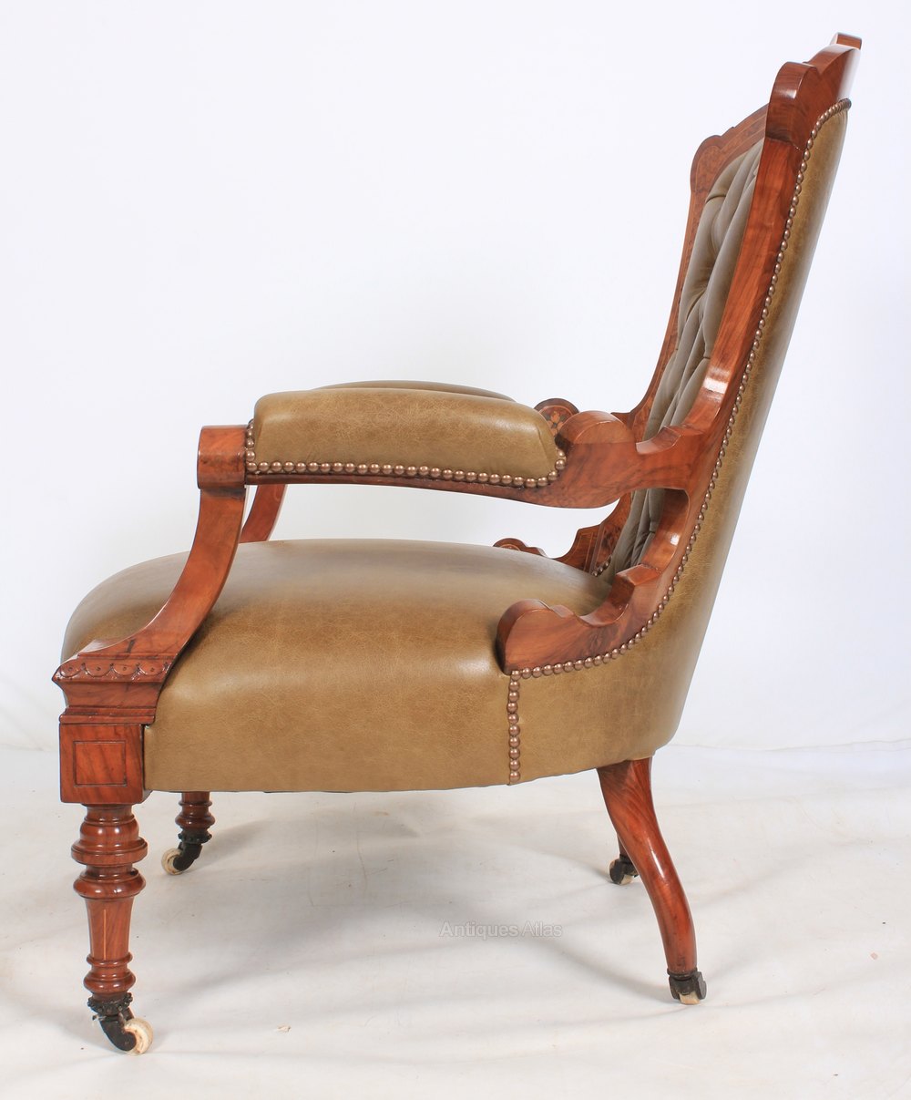 Victorian Inlaid Walnut Leather Armchair - Antiques Atlas