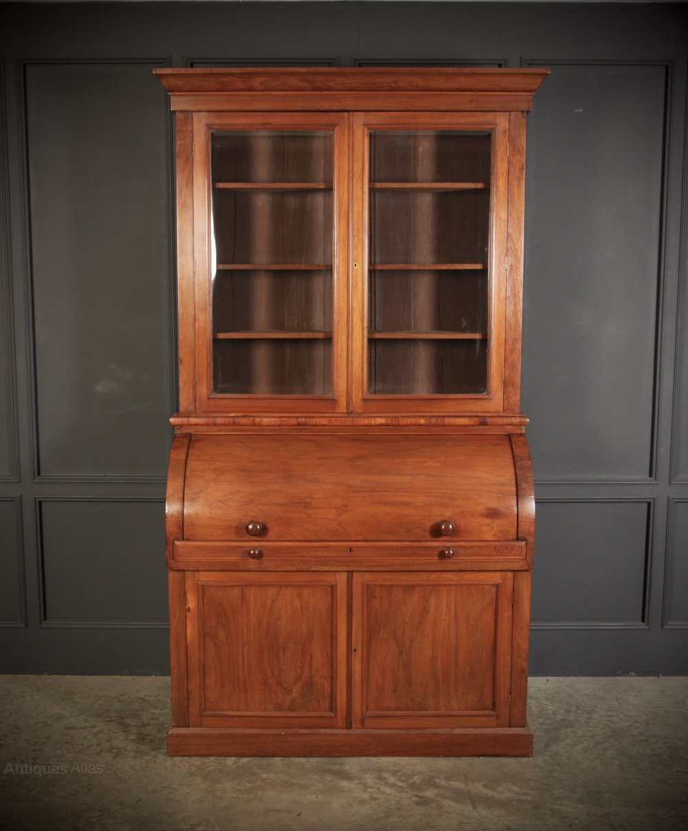 Walnut Cylinder Bureau Bookcase - Antiques Atlas