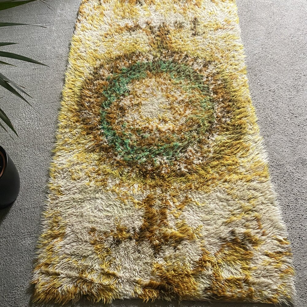 Antiques Atlas - Vintage 60s Rya Rug In Cream, Gold And Green Tones ...