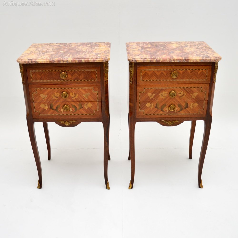 2 Antique French Inlaid Marble Top Bedside Chests - Antiques Atlas