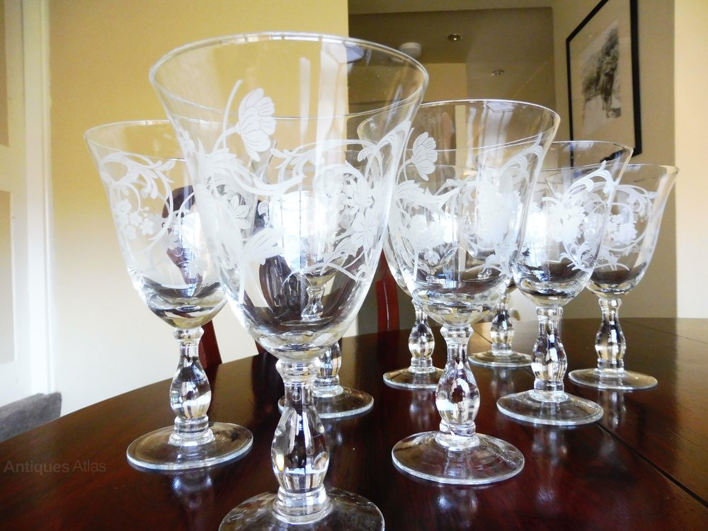 Antiques Atlas - Eight Vintage Etched Large Pimms / Gin Glasses