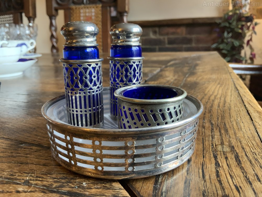 Antiques Atlas - Vintage Silver Plated Blue Glass Lined Cruet Set ...