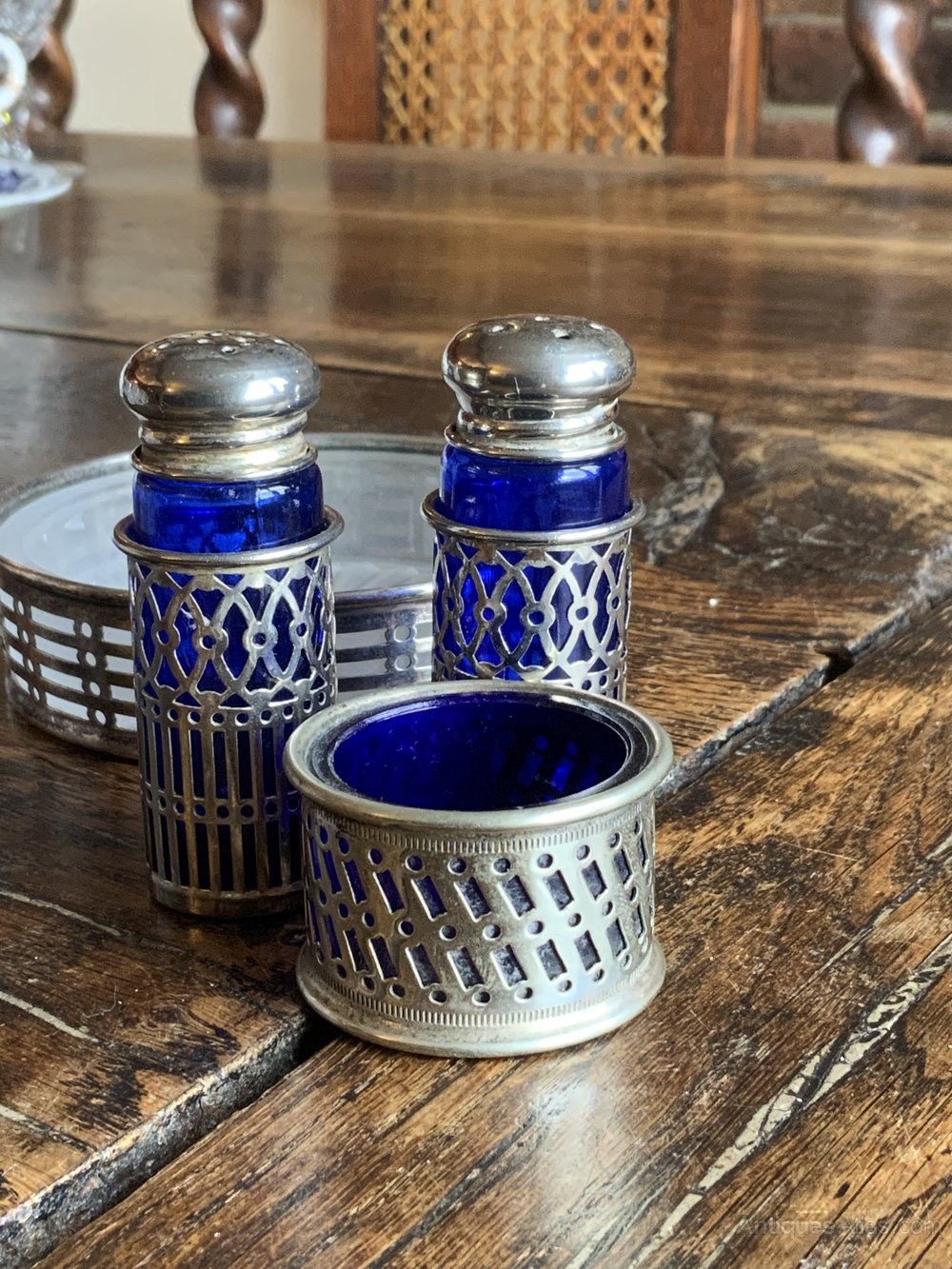 Antiques Atlas - Vintage Silver Plated Blue Glass Lined Cruet Set ...