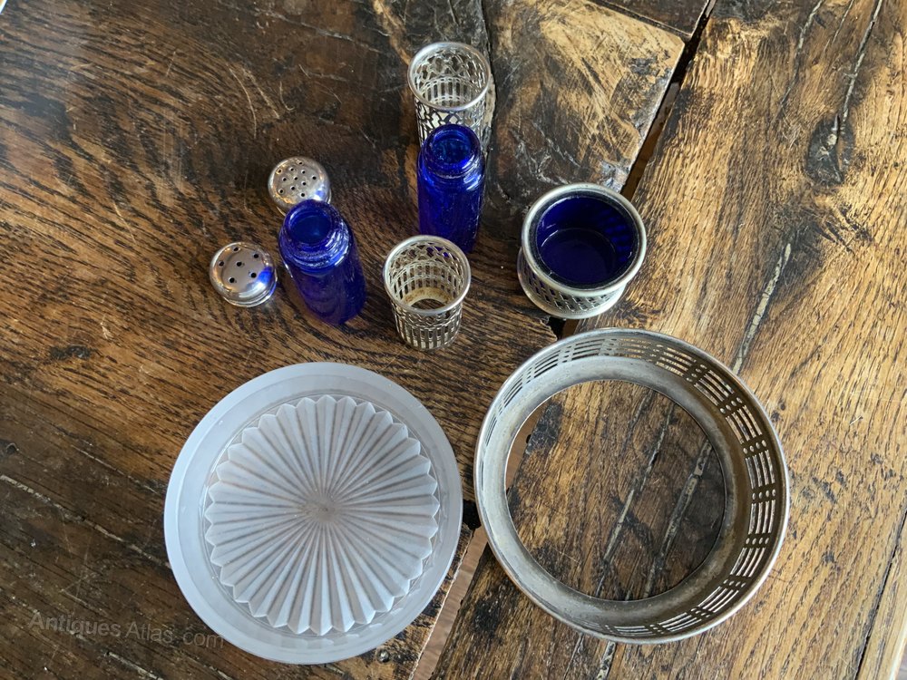Antiques Atlas - Vintage Silver Plated Blue Glass Lined Cruet Set ...
