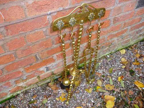 Antiques Atlas - Antique Brass Fire Set On Stand C1850 4 Pieces