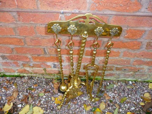 Antiques Atlas - Antique Brass Fire Set On Stand C1850 4 Pieces