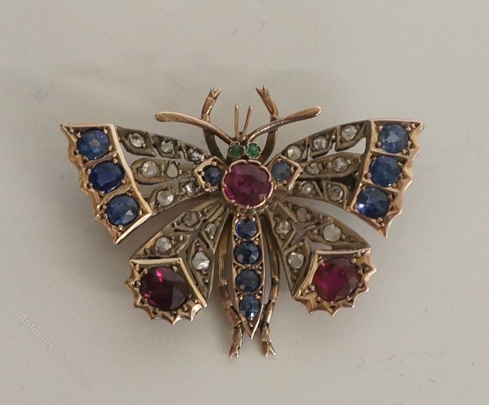 Antiques Atlas - 19th Century Butterfly Ruby Sapphire Diamond Gold Silver