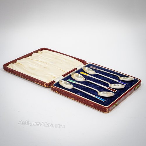 Antiques Atlas - Art Deco Set Of Silver And Enamel Spoons