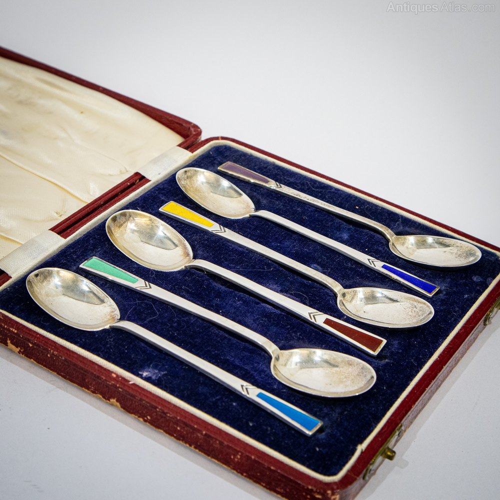 Antiques Atlas - Art Deco Set Of Silver And Enamel Spoons