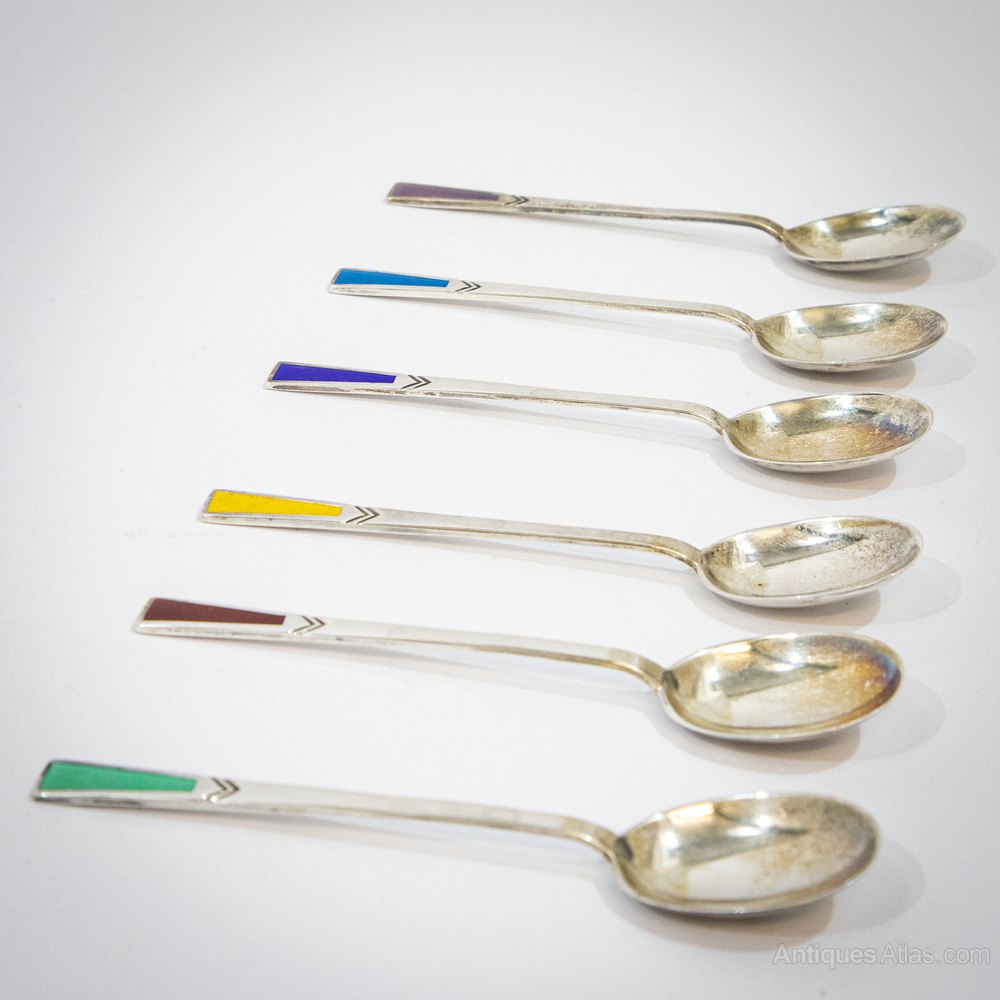 Antiques Atlas - Art Deco Set Of Silver And Enamel Spoons