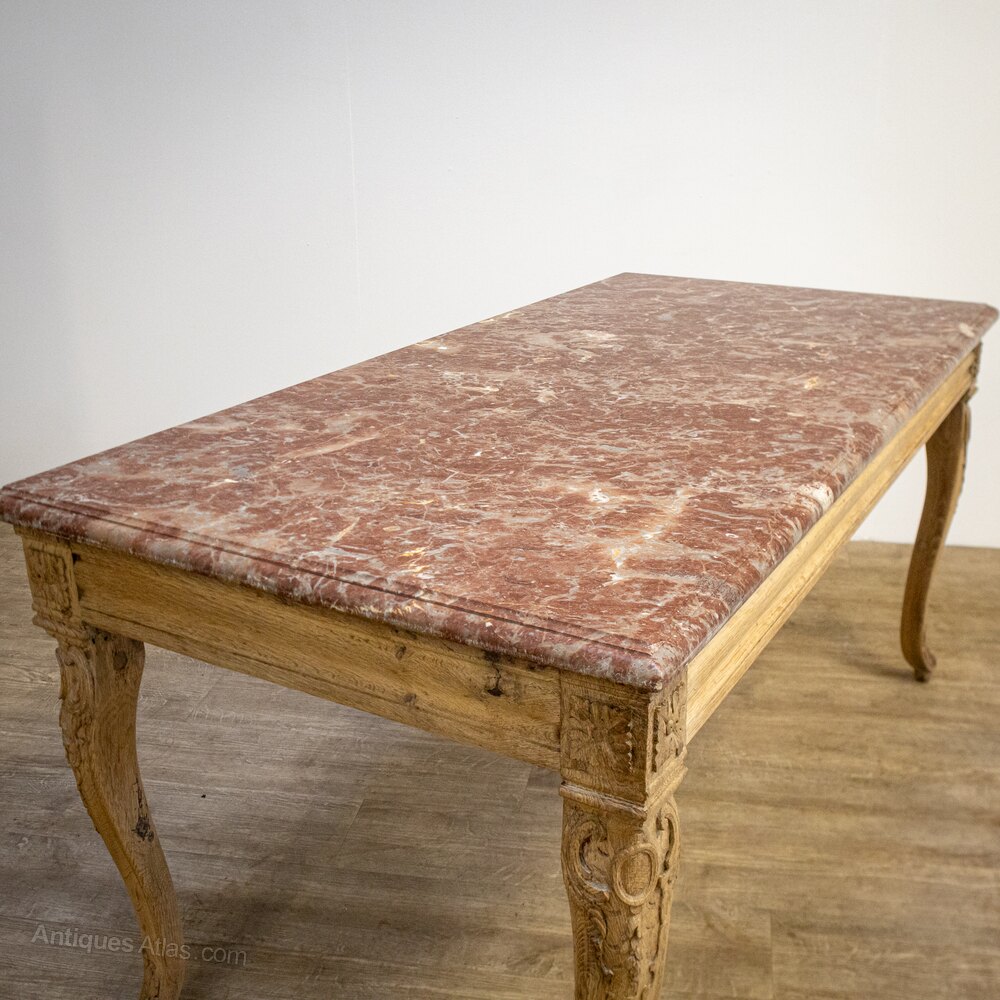 French Bleached Oak Marble Topped Centre Table - Antiques Atlas