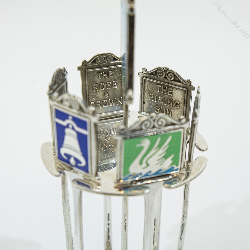 Antiques Atlas - Silver Pub Sign Cocktail Sticks & Stand