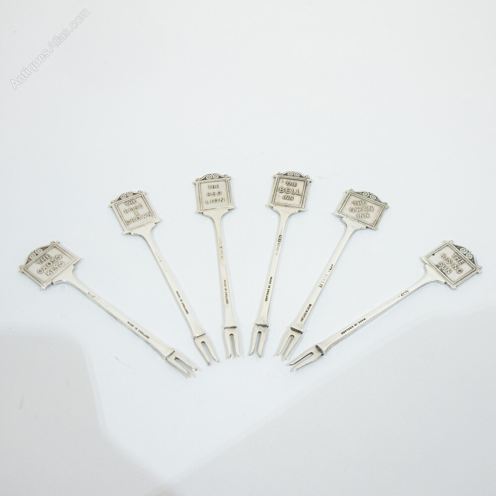 Antiques Atlas - Silver Pub Sign Cocktail Sticks & Stand