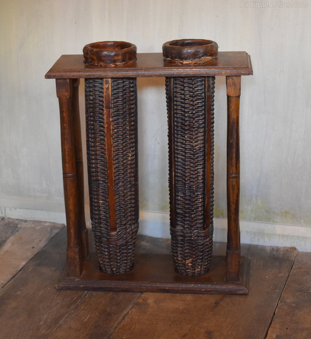 Unusual Oak And Wicker Stick Stand - Antiques Atlas