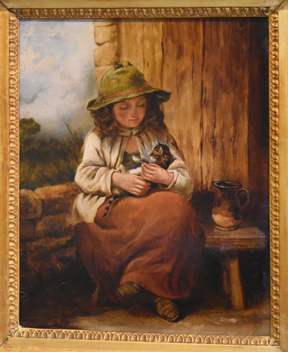 Antiques Atlas - Victorian Oil Painting Of A Girl With Kitten