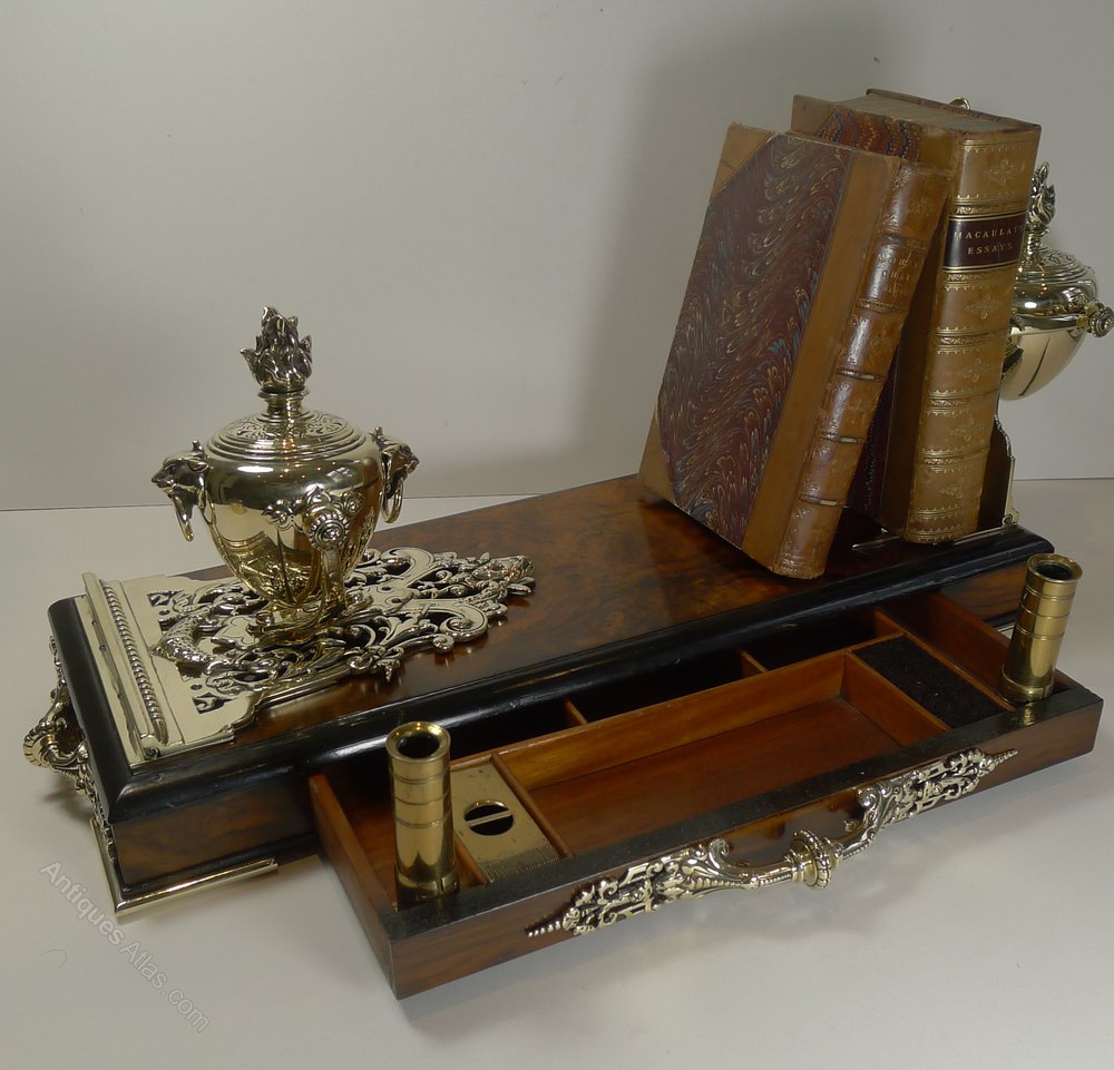 Antiques Atlas - Walnut And Brass Book Holder / Desk Set / Inkwells ...