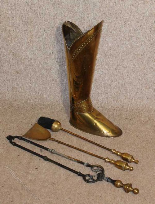 Antiques Atlas - Brass Boot With Brass Fire Companion Set
