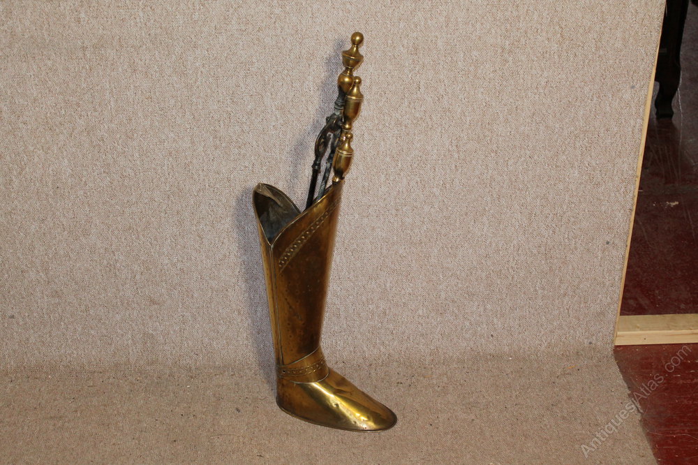 Antiques Atlas - Brass Boot With Brass Fire Companion Set