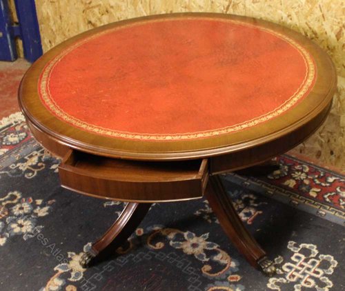 Round Mahogany Coffee Table With Red Leather Inset - Antiques Atlas