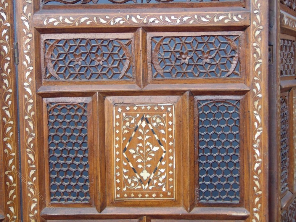 Beautiful Carved Indian Inlaid Hardwood Screen - Antiques Atlas