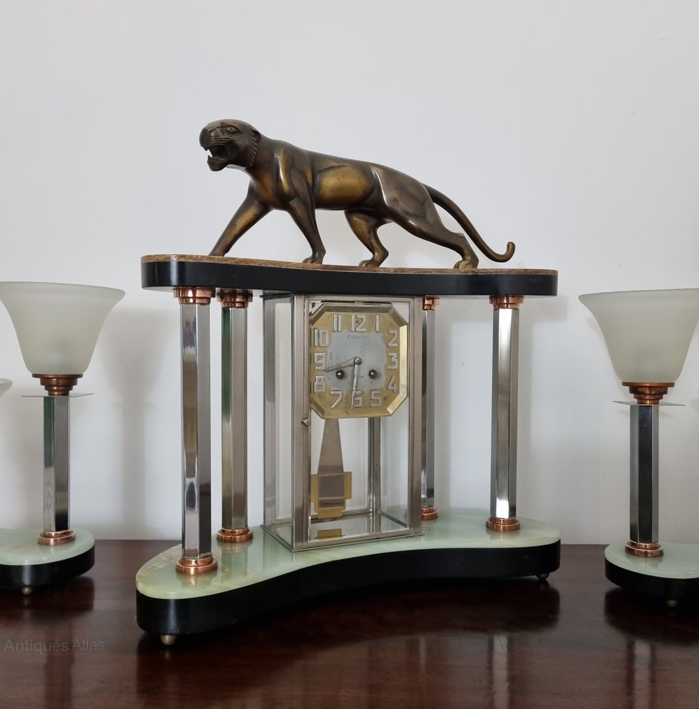 Antiques Atlas - Art Deco Bronze Clock Set With Panther By Hugues
