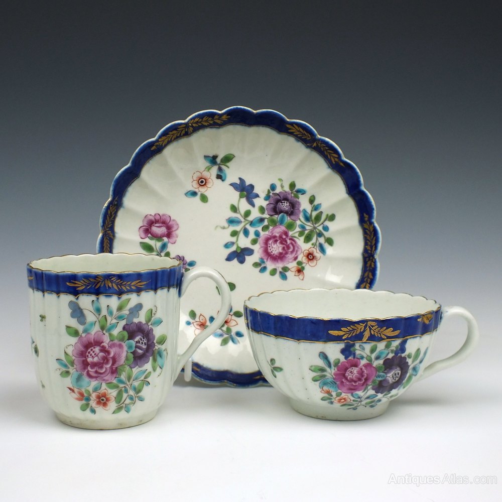 Antiques Atlas - Worcester Fluted Floral Pattern Porcelain Trio