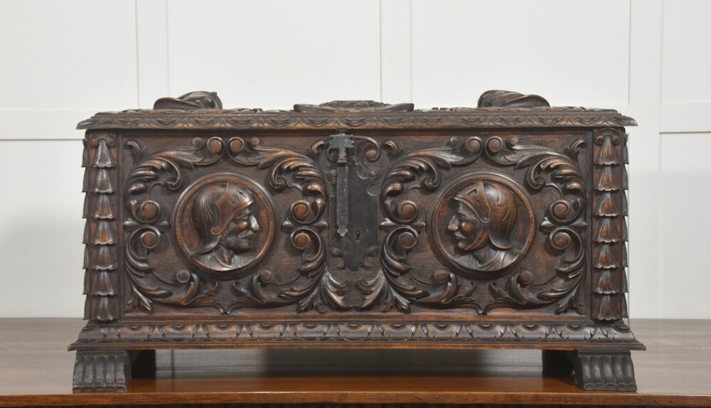 Carved Walnut Coffer With Figural Medallions as135a5804 - Antiques Atlas