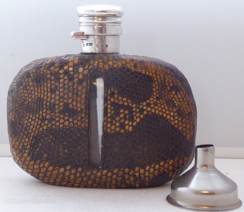 Antiques Atlas - 1892 Silver Python Snake Skin Glass Hip Flask