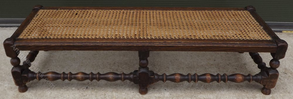 Vintage Long Oak Footstool With Canework Top - Antiques Atlas