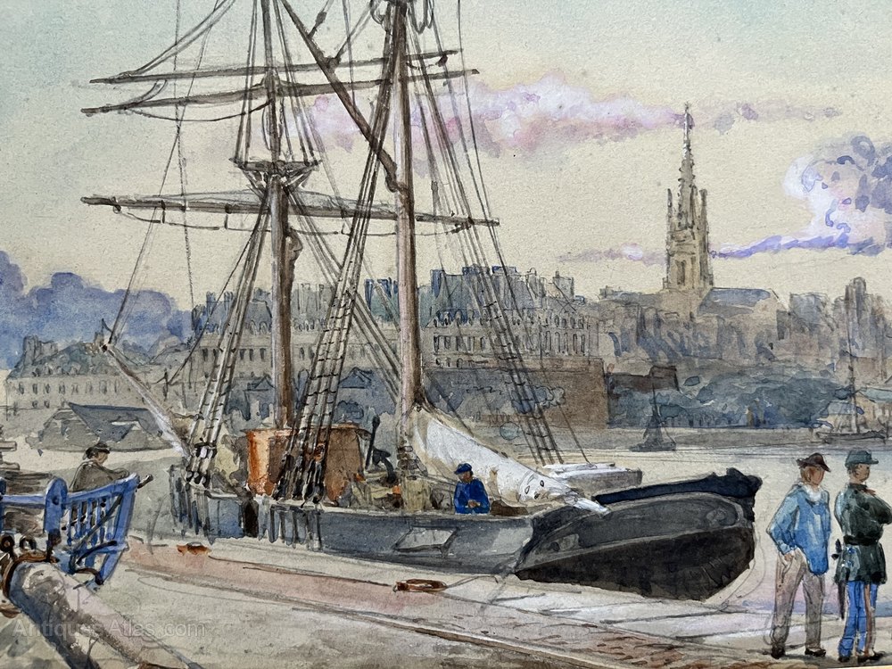 Antiques Atlas - Harbour Scene Framed Watercolour