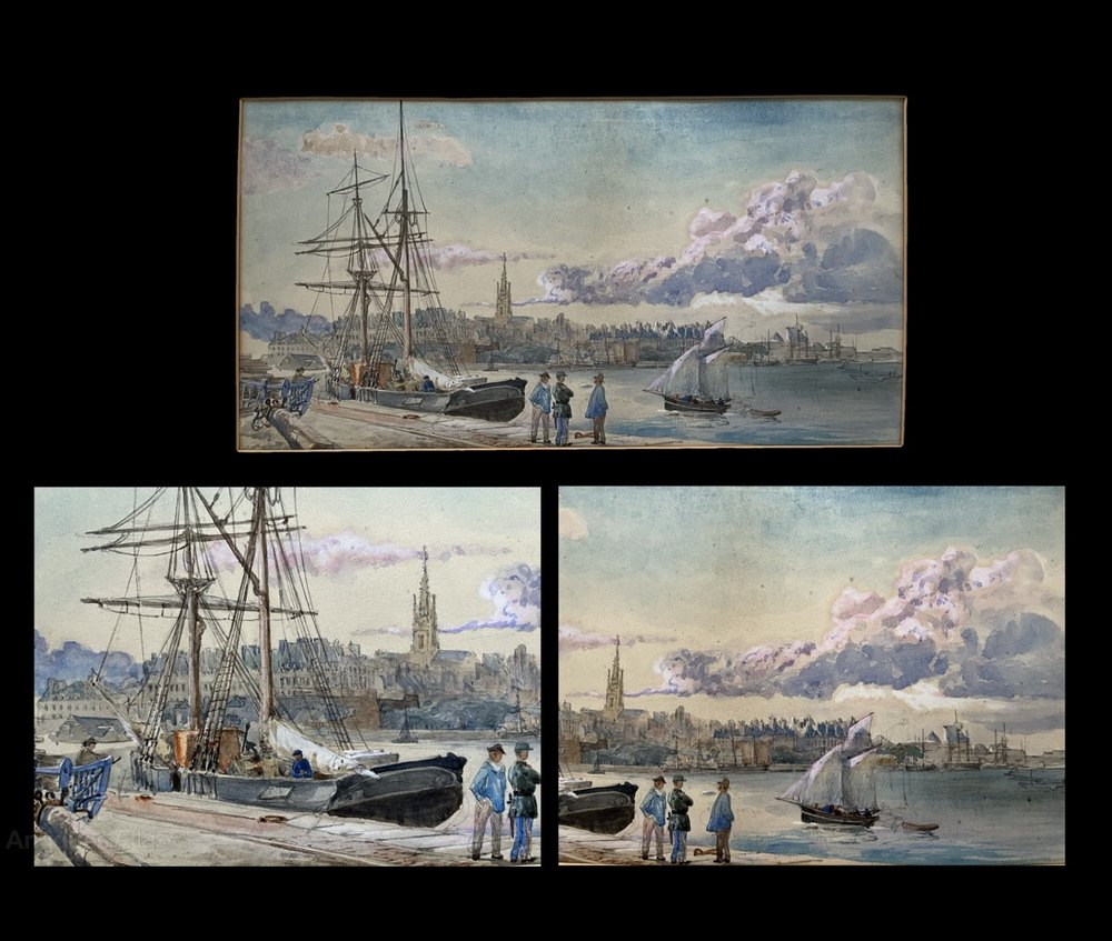 Antiques Atlas - Harbour Scene Framed Watercolour