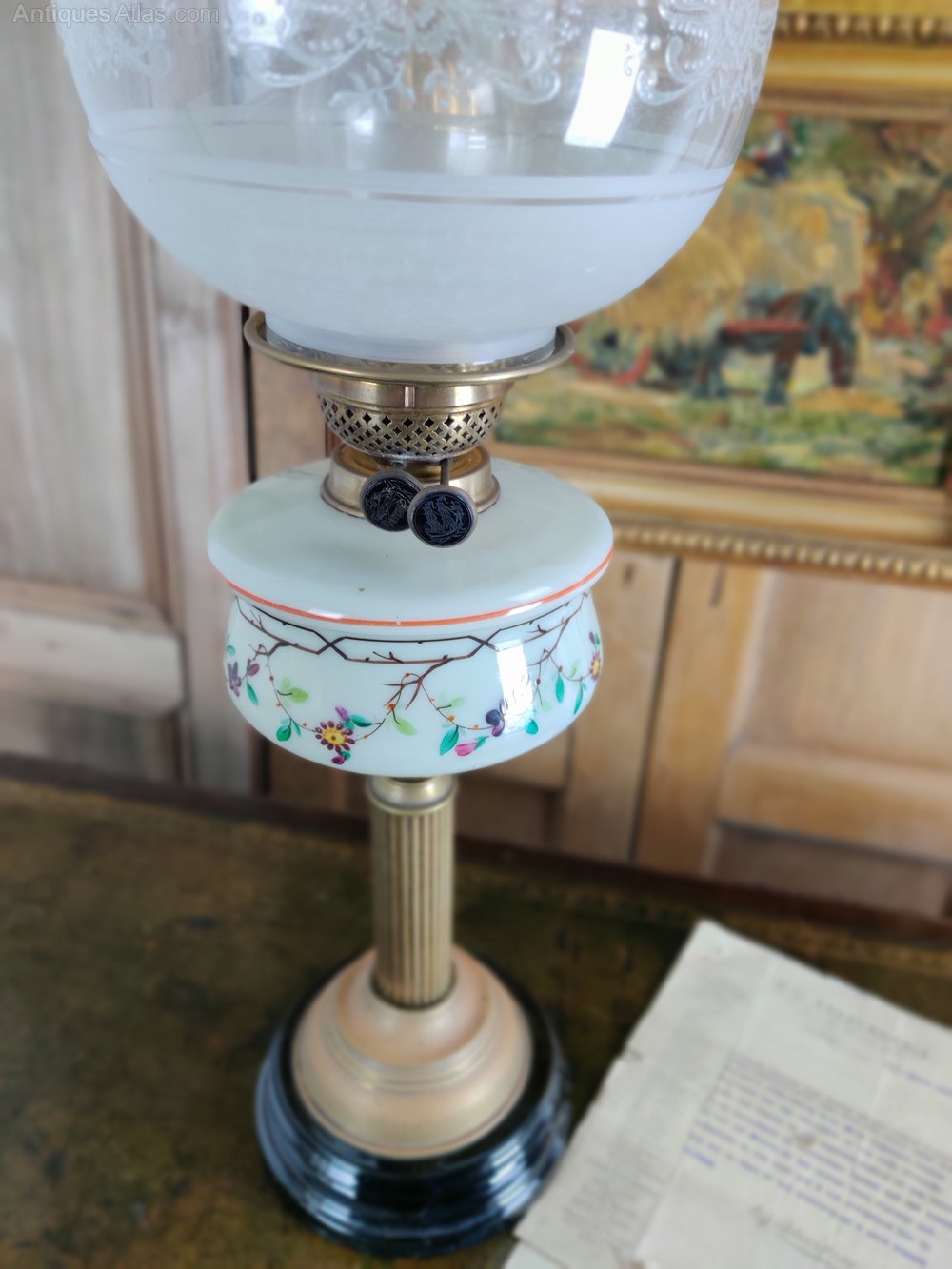 Antiques Atlas - Hand Painted Glass & Brass Oil Lamp