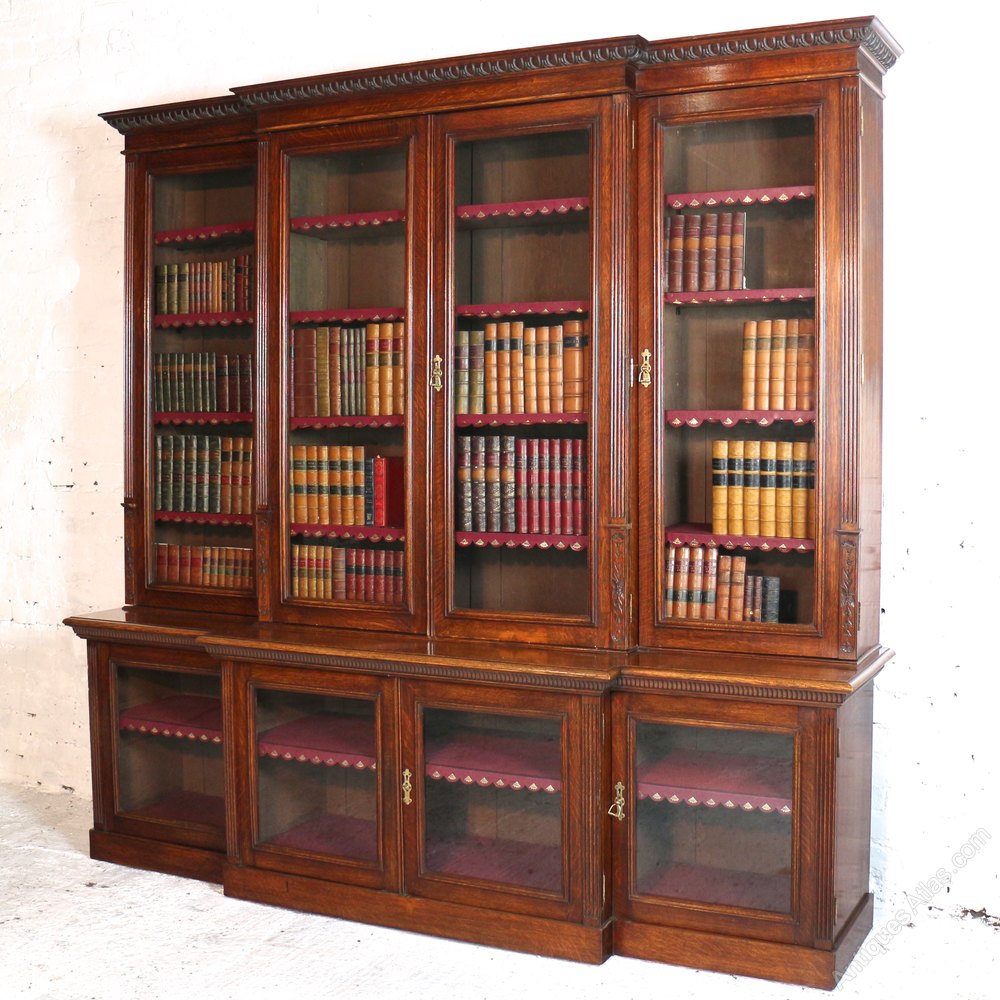 Victorian Oak Breakfront Bookcase, Attrib. Maples - Antiques Atlas