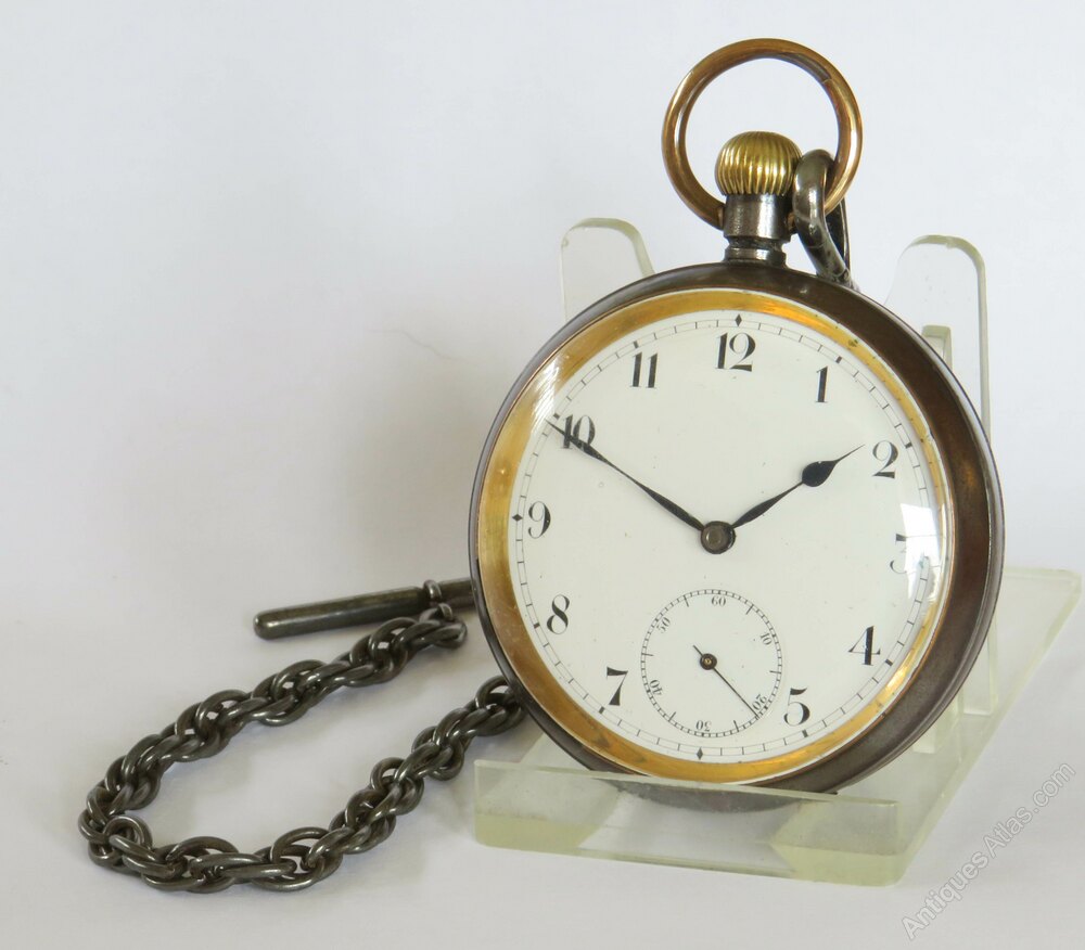 Antiques Atlas - Antique Omega Gun Metal Pocket Watch And Chain as170a13580