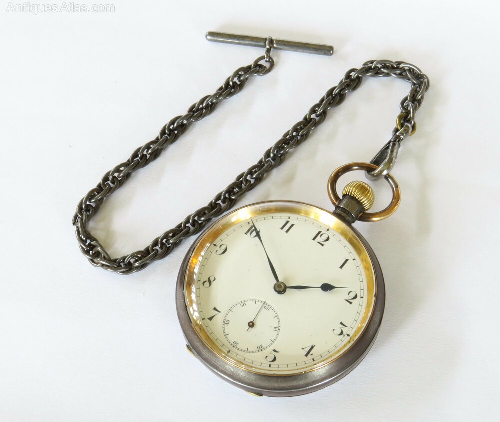 Antiques Atlas - Antique Omega Gun Metal Pocket Watch And Chain as170a13580