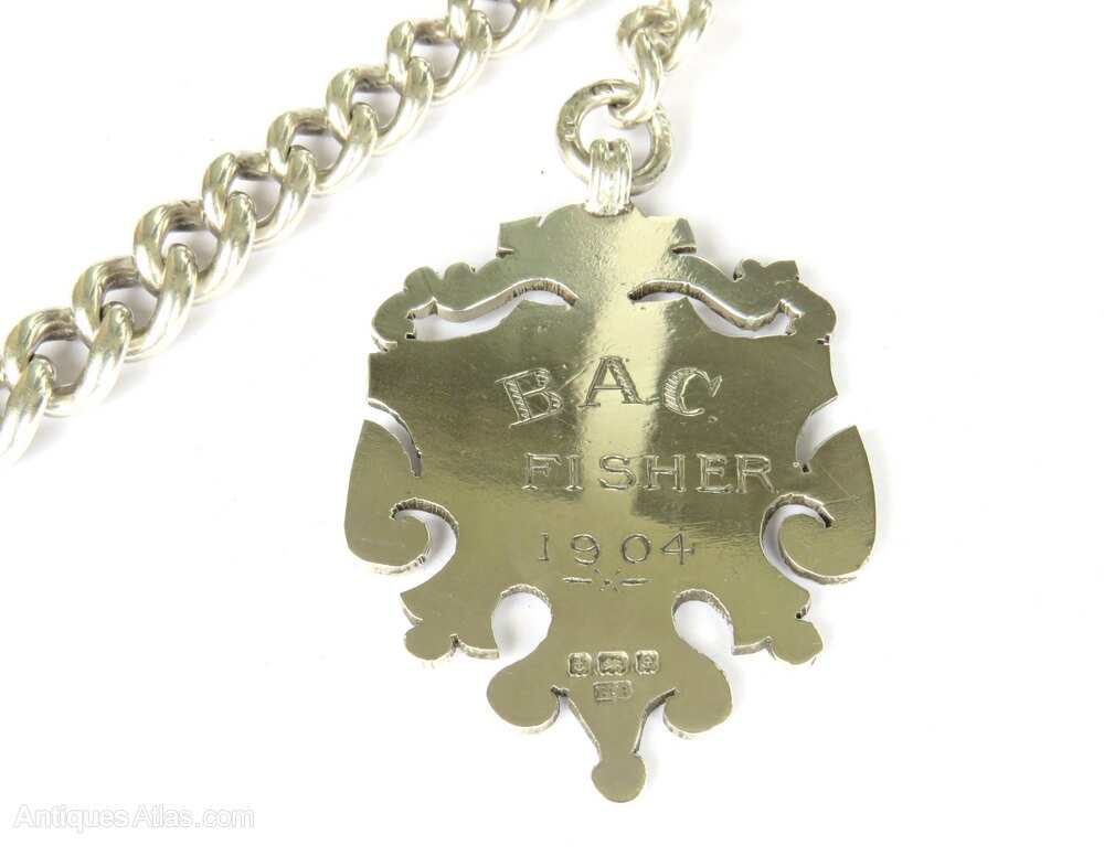 Antiques Atlas - Heavy Antique Silver Watch Chain & Large Fob as170a13034
