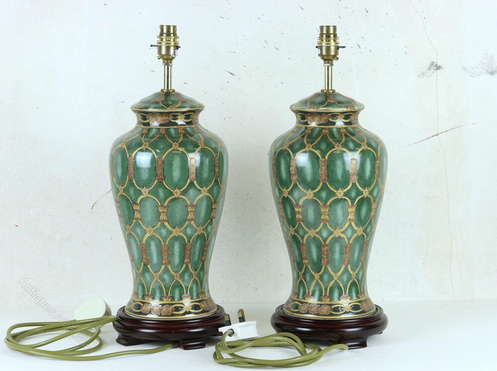 Antiques Atlas - Vintage Pair Of Large Chinese Green & Gold Lamps ...