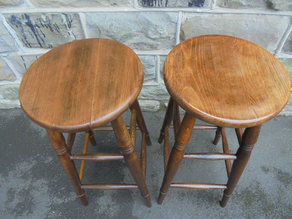 Pair Antique Elm Tall Kitchen Stools - Antiques Atlas