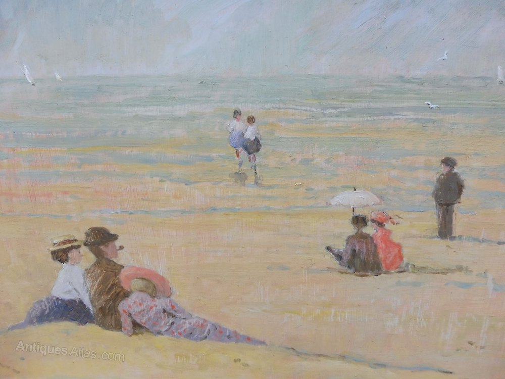 Antiques Atlas - 2 Oils Old Fashioned Beach Scenes Artist D Allan