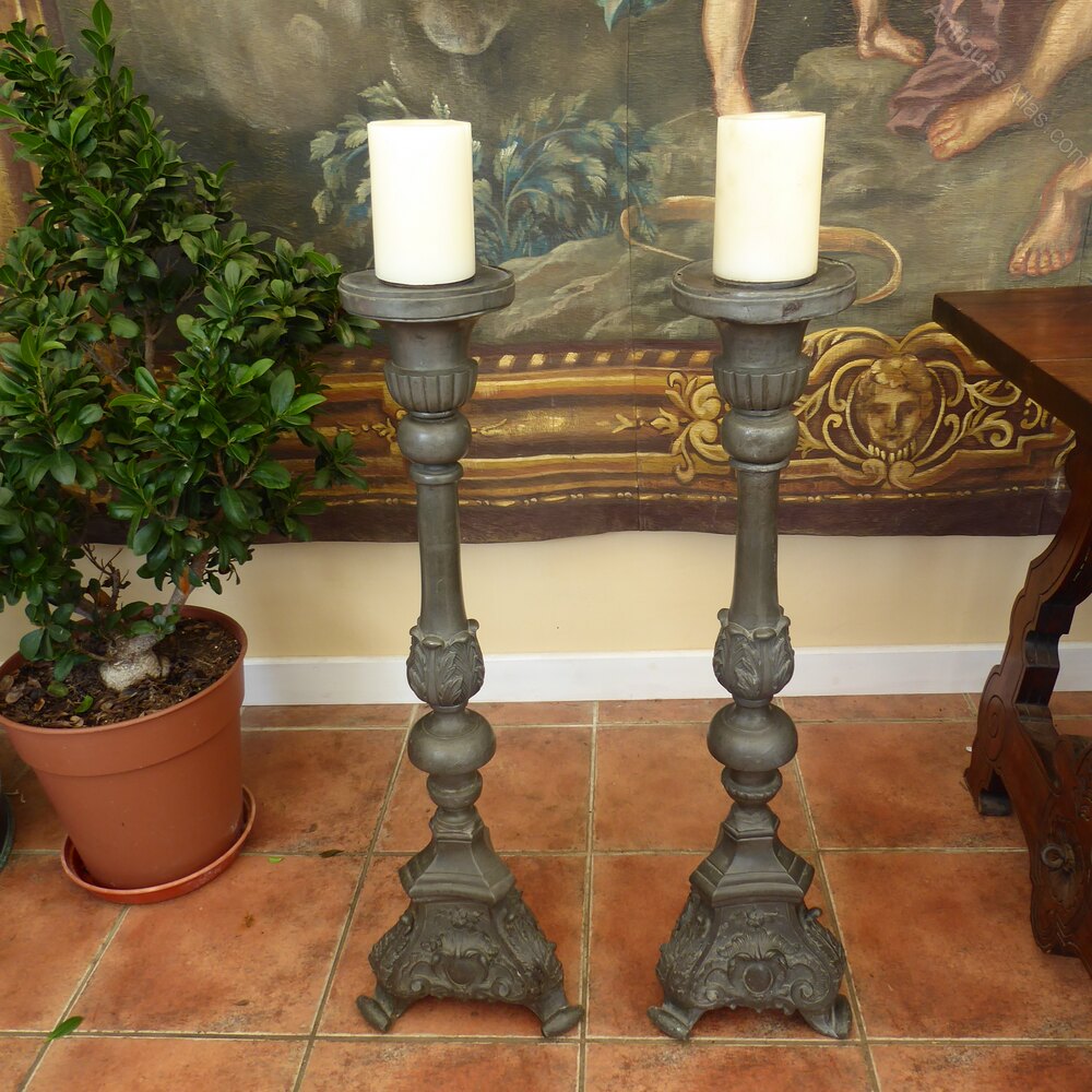 Antiques Atlas - Large Church Pricket Candlesticks Pewter 3 Ft 1860 ...