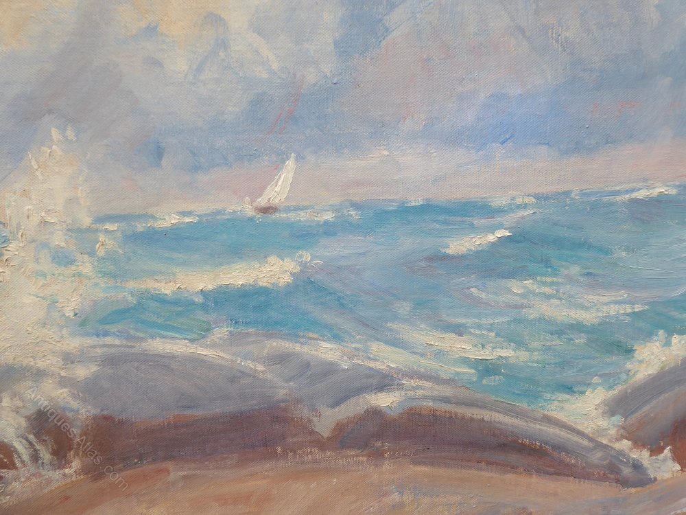 Antiques Atlas - Large Oil The Roaring Sea Artist A Lissalo 1955