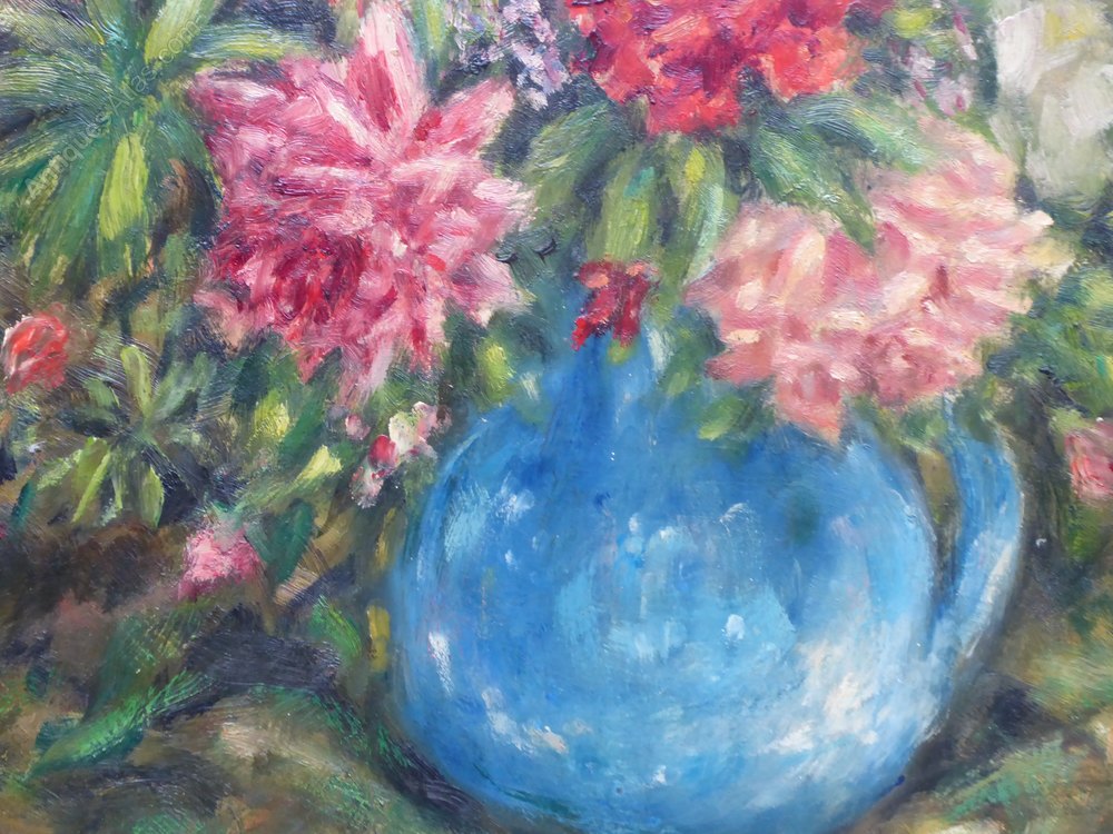 Antiques Atlas - Oil Flowers In A Blue Vase Artist J N Kelk