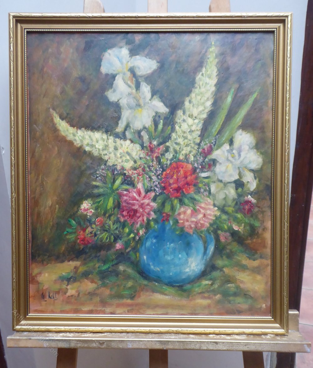 Antiques Atlas - Oil Flowers In A Blue Vase Artist J N Kelk