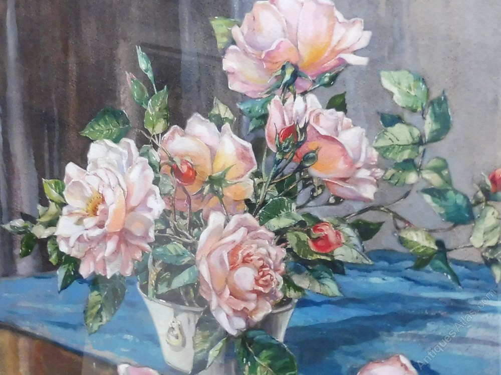 Antiques Atlas - Watercolour Pink Roses Listed Artist Donald Greig