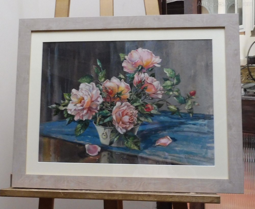 Antiques Atlas - Watercolour Pink Roses Listed Artist Donald Greig